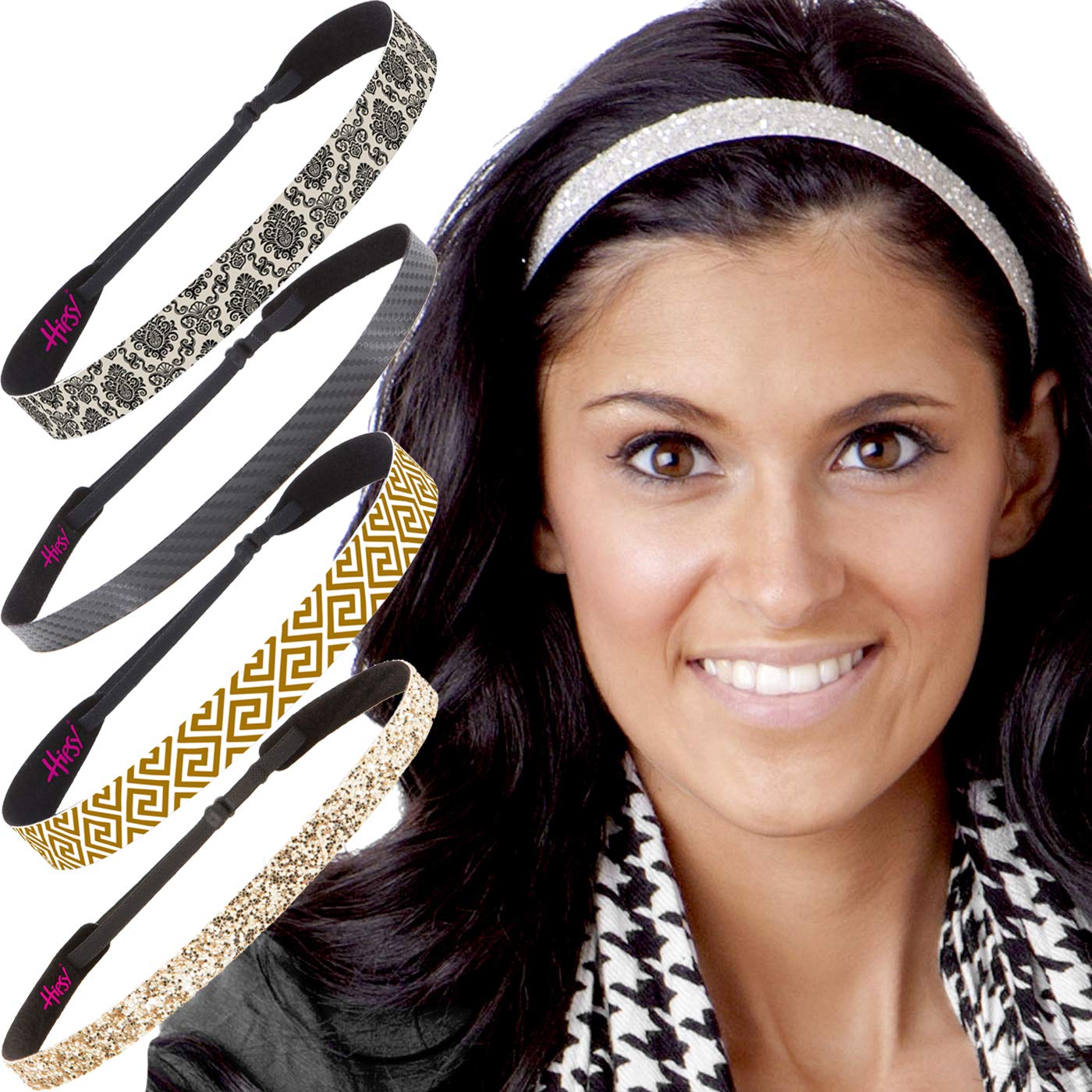 Hipsy Women's Adjustable No Slip Bling Glitter & Greek Key Fashion Headband 5-pack (White & Gold Multi 5pk)