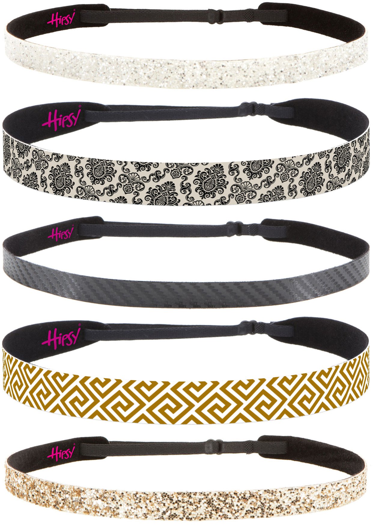 Hipsy Women's Adjustable No Slip Bling Glitter & Greek Key Fashion Headband 5-pack (White & Gold Multi 5pk)