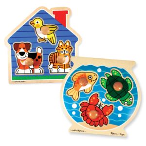 melissa & doug animals jumbo knob wooden puzzles set - fish and pets - chunky wooden puzzles for toddlers, animal puzzles for kids ages 1+