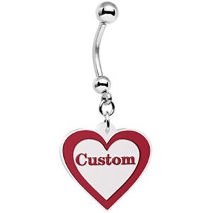 body candy steel red and white valentines day heart personalized name dangle belly ring