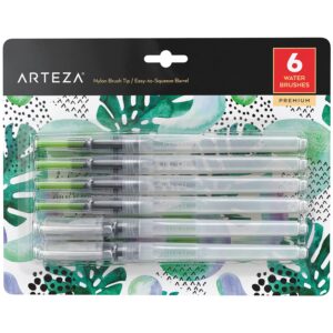 arteza water brush pen, set of 6, fine, medium, broad tips, self-moistening water brush, refillable water pen