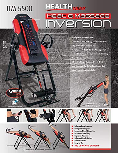 Health Gear ITM5500 Advanced Technology Inversion Table With Vibro Massage & Heat - Heavy Duty up to 300 lbs., Black/Red