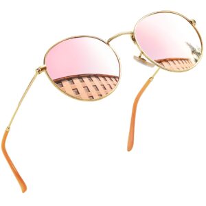 joopin big round pink sunglasses polarized uv400 protection, thin gold frame circle sun glasses, circular mirror shades driving fishing