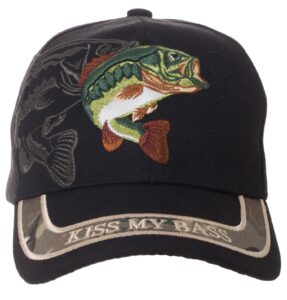 kiss my bass baseball cap - funny fishing fisherman gift - embroidered hat (black, baseball)