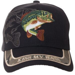 Kiss My Bass Baseball Cap - Funny Fishing Fisherman Gift - Embroidered Hat (Black, Baseball)