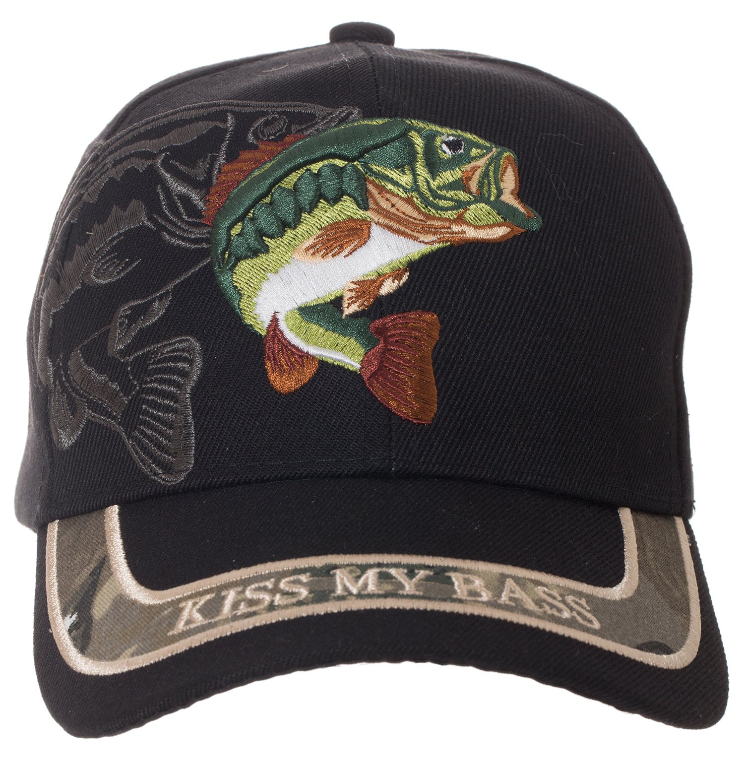 Kiss My Bass Baseball Cap - Funny Fishing Fisherman Gift - Embroidered Hat (Black, Baseball)