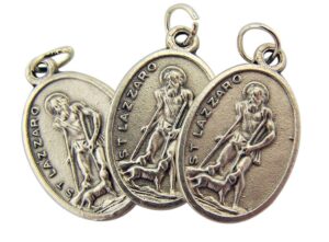 religious gifts silver toned base catholic saint st lazzaro pray for us medal, lot of 3, 1 inch