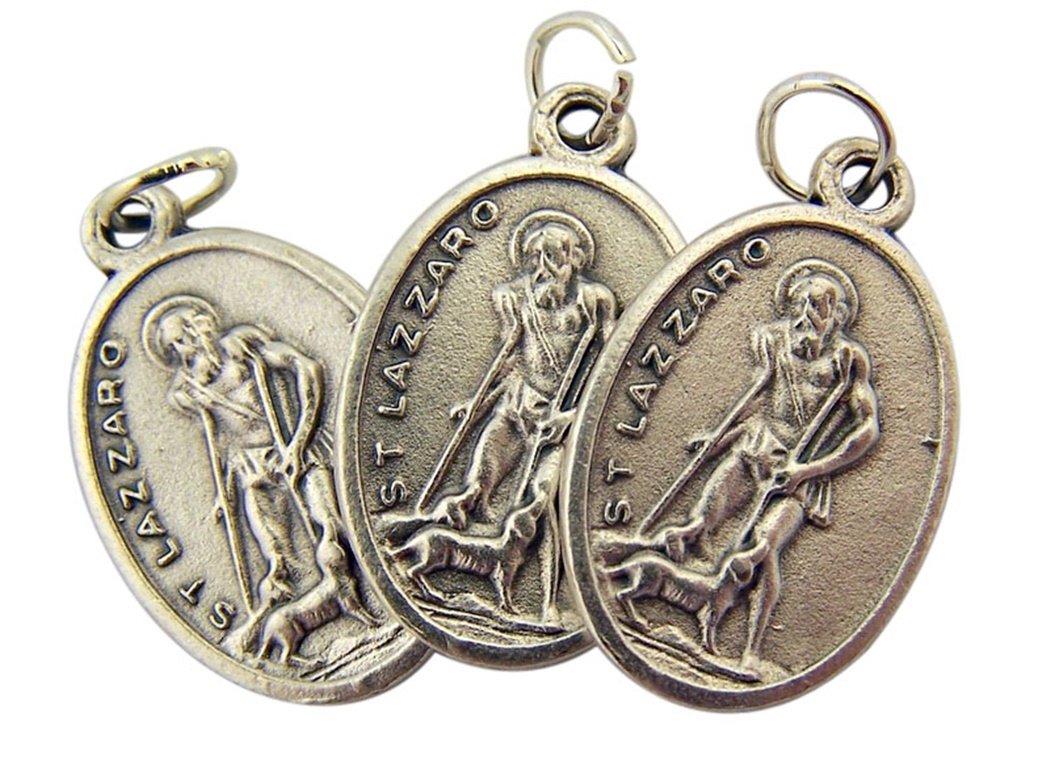 Religious Gifts Silver Toned Base Catholic Saint St Lazzaro Pray for Us Medal, Lot of 3, 1 Inch