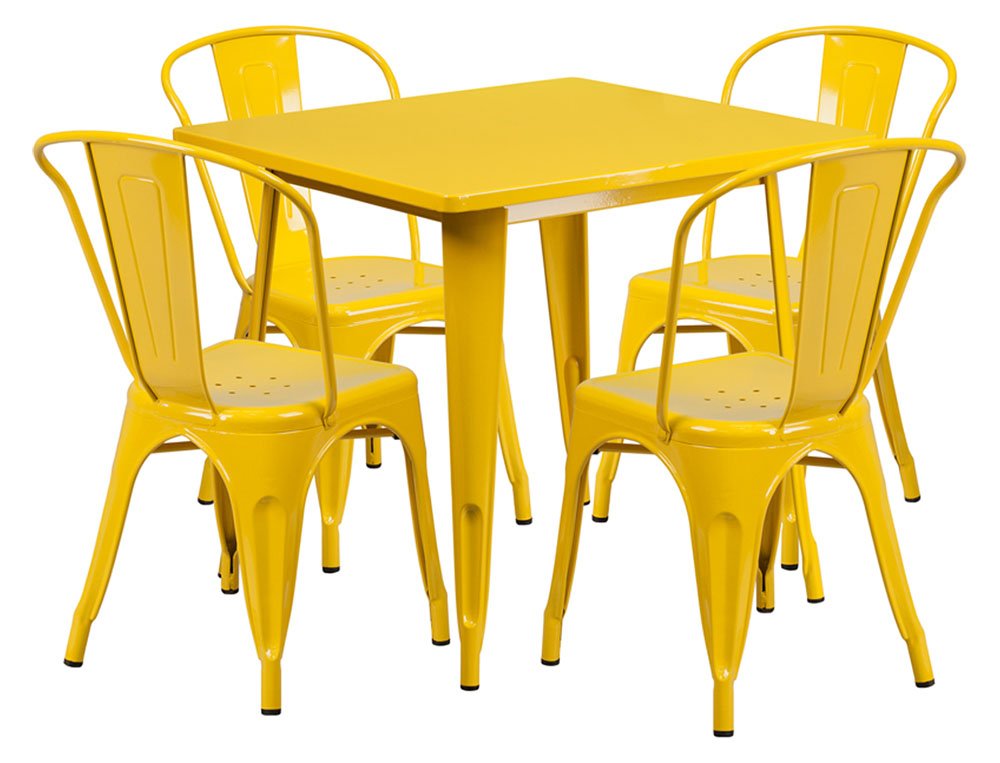 Flash Furniture Commercial Grade 31.5" Square Yellow Metal Indoor-Outdoor Table Set with 4 Stack Chairs