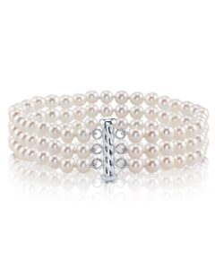 the pearl source sterling silver 7-8mm aaaa quality round white triple freshwater cultured pearl bracelet for women