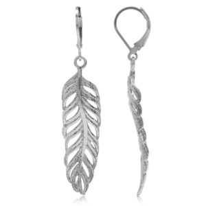 silvershake white gold plated 925 sterling silver feather leverback dangle earrings