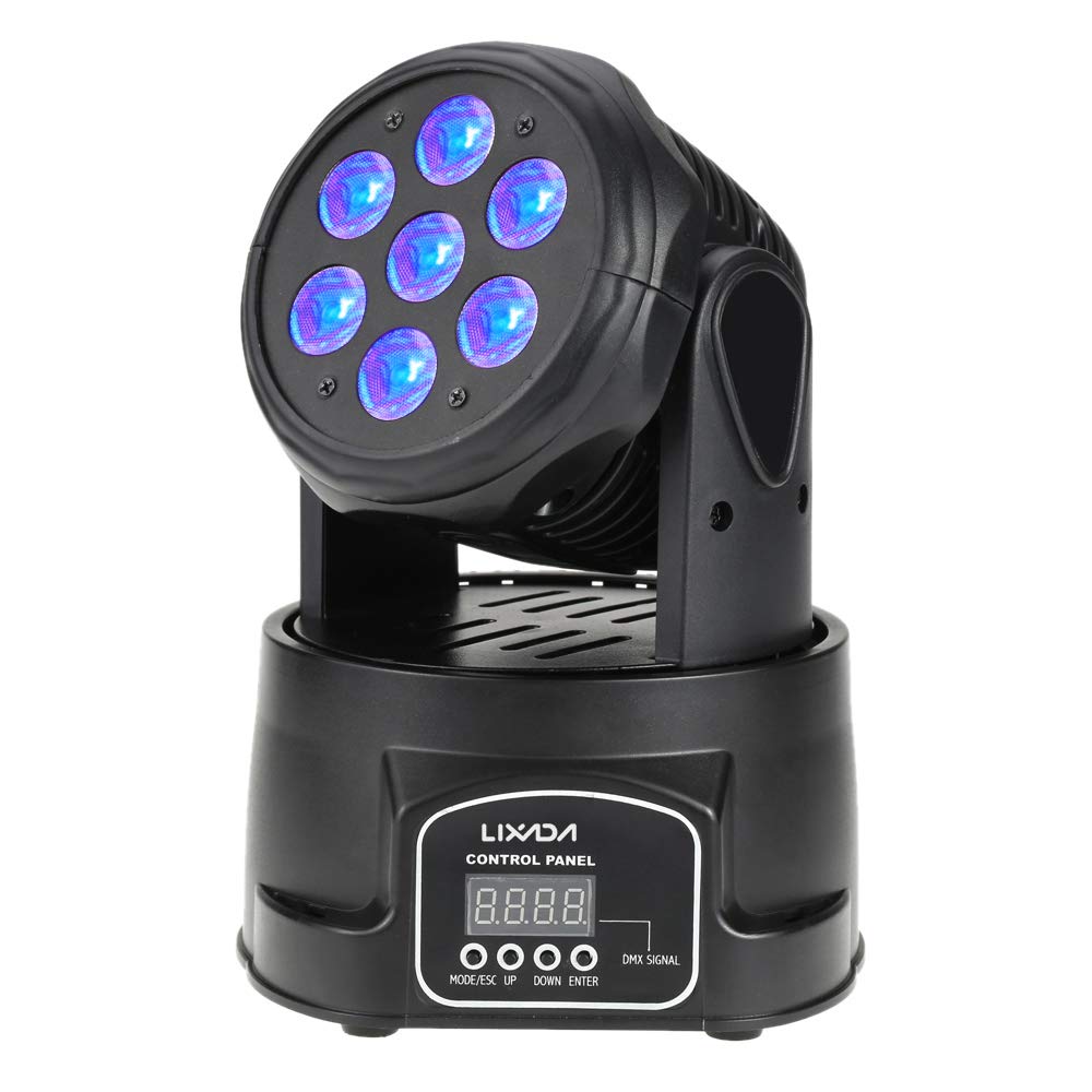 Lixada Moving Head Light 7x10W Moving Head 4 In 1 RGBW Professional 9/14 Channels DMX-512 DJ lights 100W AC 100-240V Sound Active for KTV Club Bar Party Disco DJ Show Bands