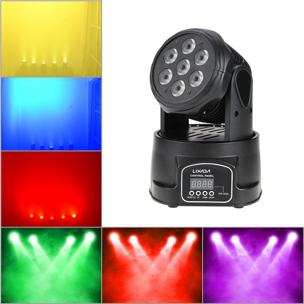 Lixada Moving Head Light 7x10W Moving Head 4 In 1 RGBW Professional 9/14 Channels DMX-512 DJ lights 100W AC 100-240V Sound Active for KTV Club Bar Party Disco DJ Show Bands