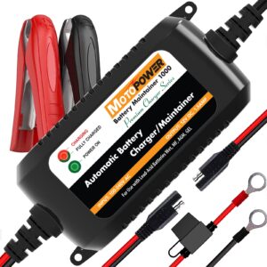 motopower mp00206a 12v 1.5amp automatic battery charger, battery maintainer for cars, motorcycles, atvs, rvs, powersports, boat and more. smart, compact and eco friendly