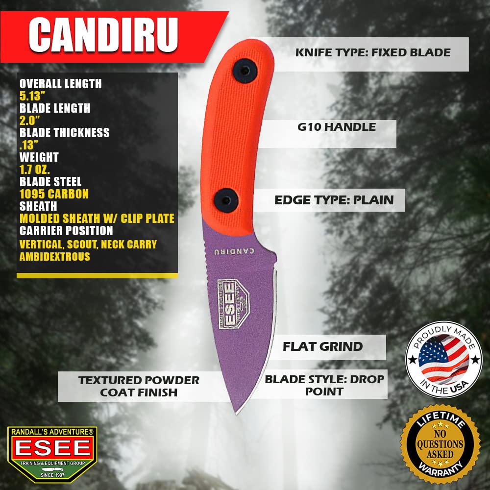 ESEE Knives Candiru Fixed Blade Knife with Molded Polymer Sheath (Orange G10 Handle, Purple Blade)