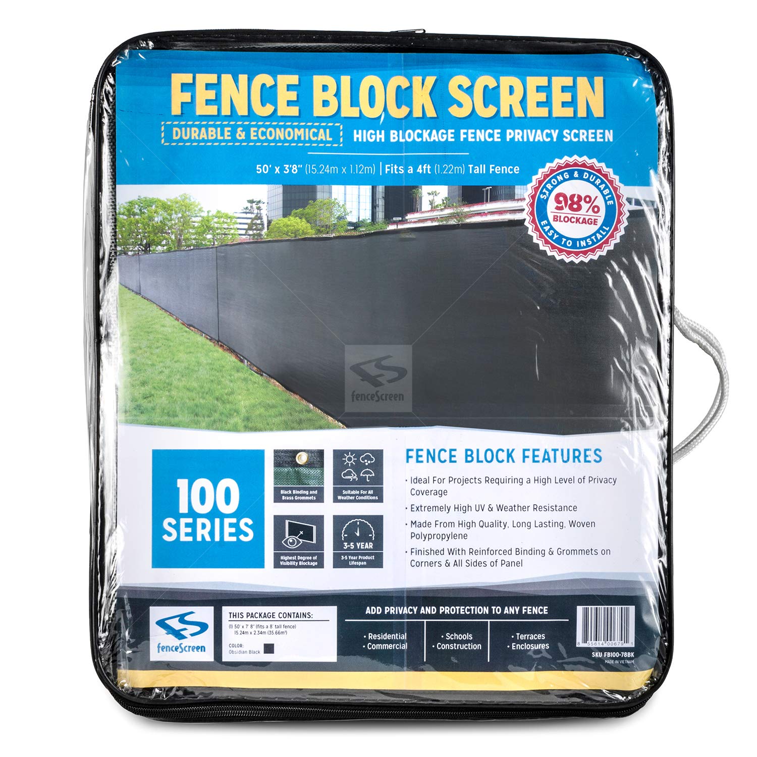 FenceScreen Fence Privacy Screen - Extreme 98% Blockage Temporary Windscreen Fence Cover (4ft x 50ft, Black)