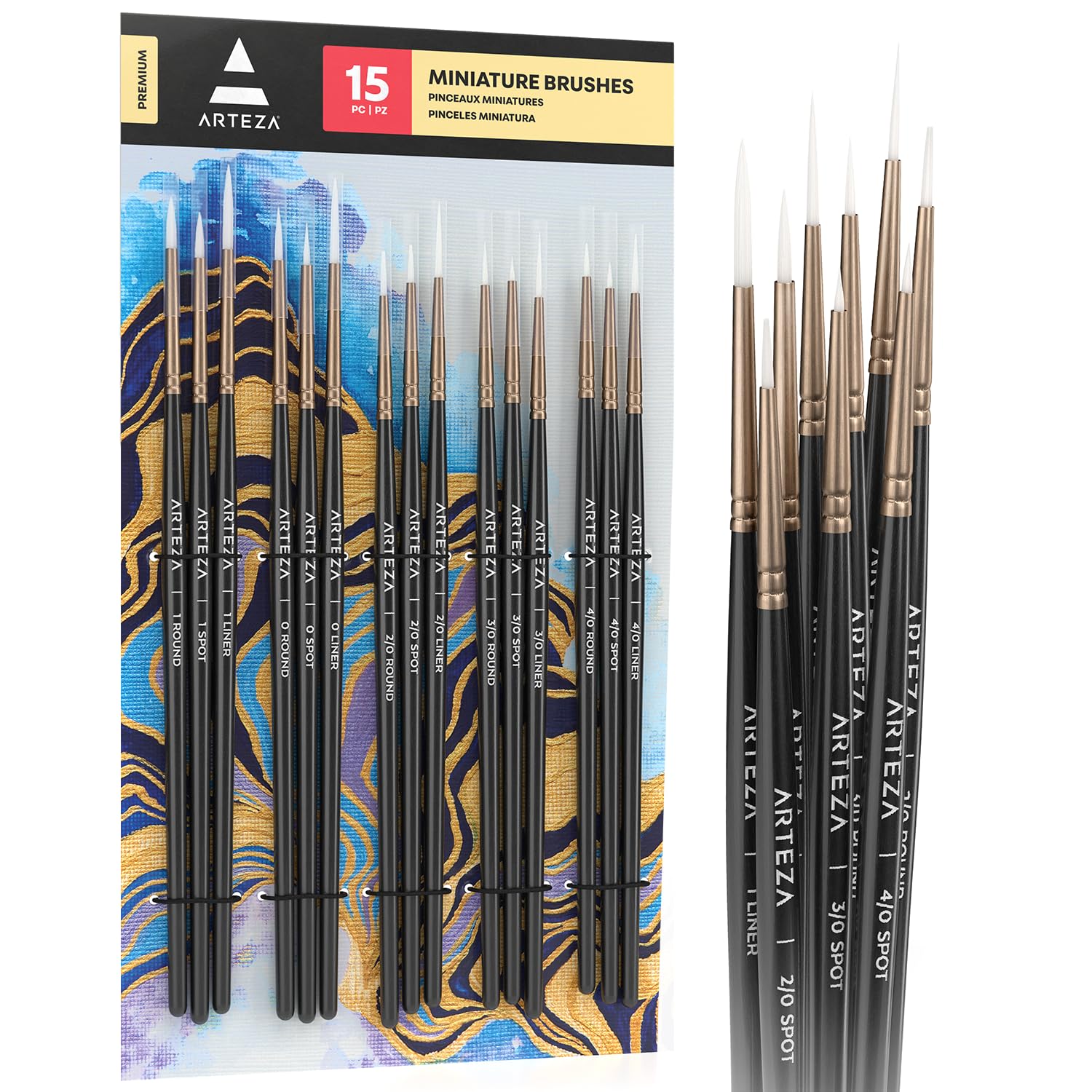 ARTEZA Detail Paint Brushes, Set of 15, Fine Detail Brush Set for Miniature Models and Canvases