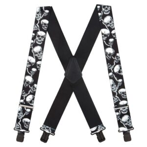 suspender store novelty skull design suspenders - 2-inch wide elastic - x-back - gator clip - 48" for 5'9" to 6'2" tall