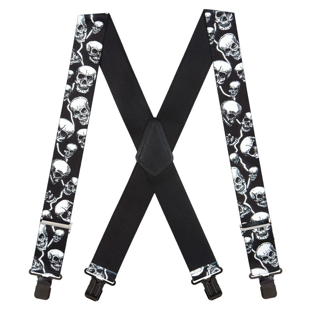 Suspender Store Novelty Skull Design Suspenders - 2-Inch Wide Elastic - X-Back - Gator Clip - 48" for 5'9" to 6'2" tall