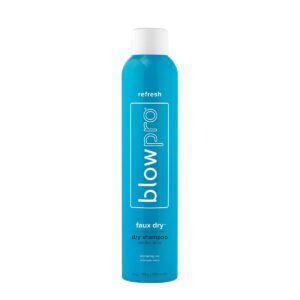 blowpro faux dry spray shampoo 7oz, removes excess oils and buildup w/o water, re-energizes blowdry style, adds volume to hair root, adds shine, resiliency & strength, safe for all hair types 7oz