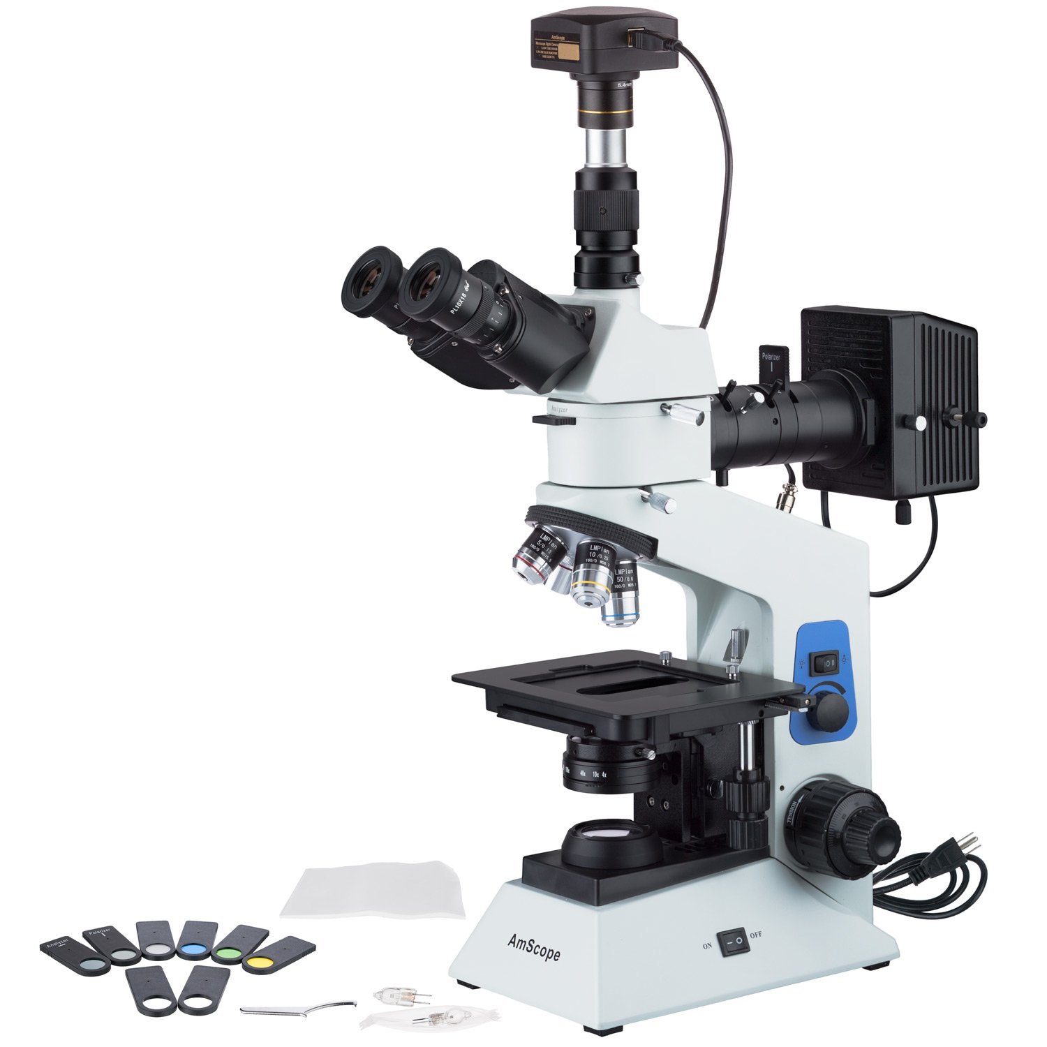 AmScope ME508 Series Compact Trinocular Metallurgical Upright Compound Microscope 40X-800X Magnification Dual-Illumination Polarized Light with 18MP USB 3.0 C-Mount Camera