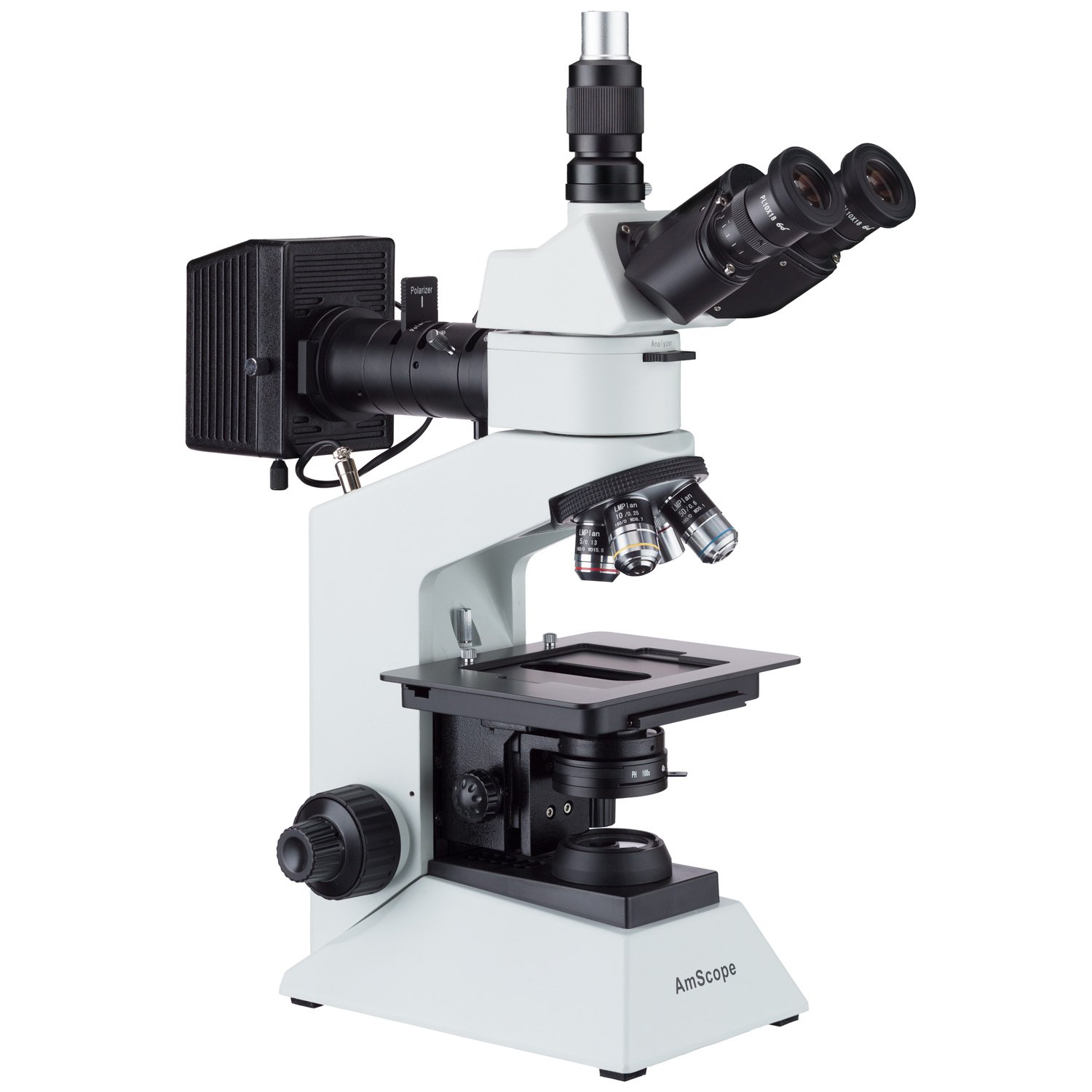 AmScope ME508 Series Compact Trinocular Metallurgical Upright Compound Microscope 40X-800X Magnification Dual-Illumination Polarized Light with 18MP USB 3.0 C-Mount Camera