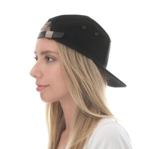 the hat depot made in usa 5 panel genuine leather brass closure flat brim biker cap (black)