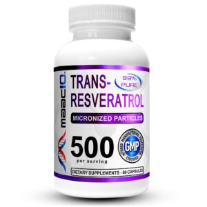 maac10 trans resveratrol 500mg supplement (micronized pharmaceutical grade 99% pure trans-resveratrol extract + bioperine for superior absorption) (2x 250mg capsules 60ct)