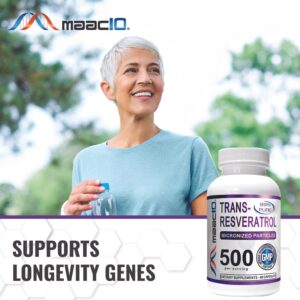 MAAC10 Trans Resveratrol 500mg Supplement (Micronized Pharmaceutical Grade 99% Pure Trans-Resveratrol Extract + BioPerine for Superior Absorption) (2X 250mg Capsules 60ct)