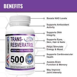 MAAC10 Trans Resveratrol 500mg Supplement (Micronized Pharmaceutical Grade 99% Pure Trans-Resveratrol Extract + BioPerine for Superior Absorption) (2X 250mg Capsules 60ct)