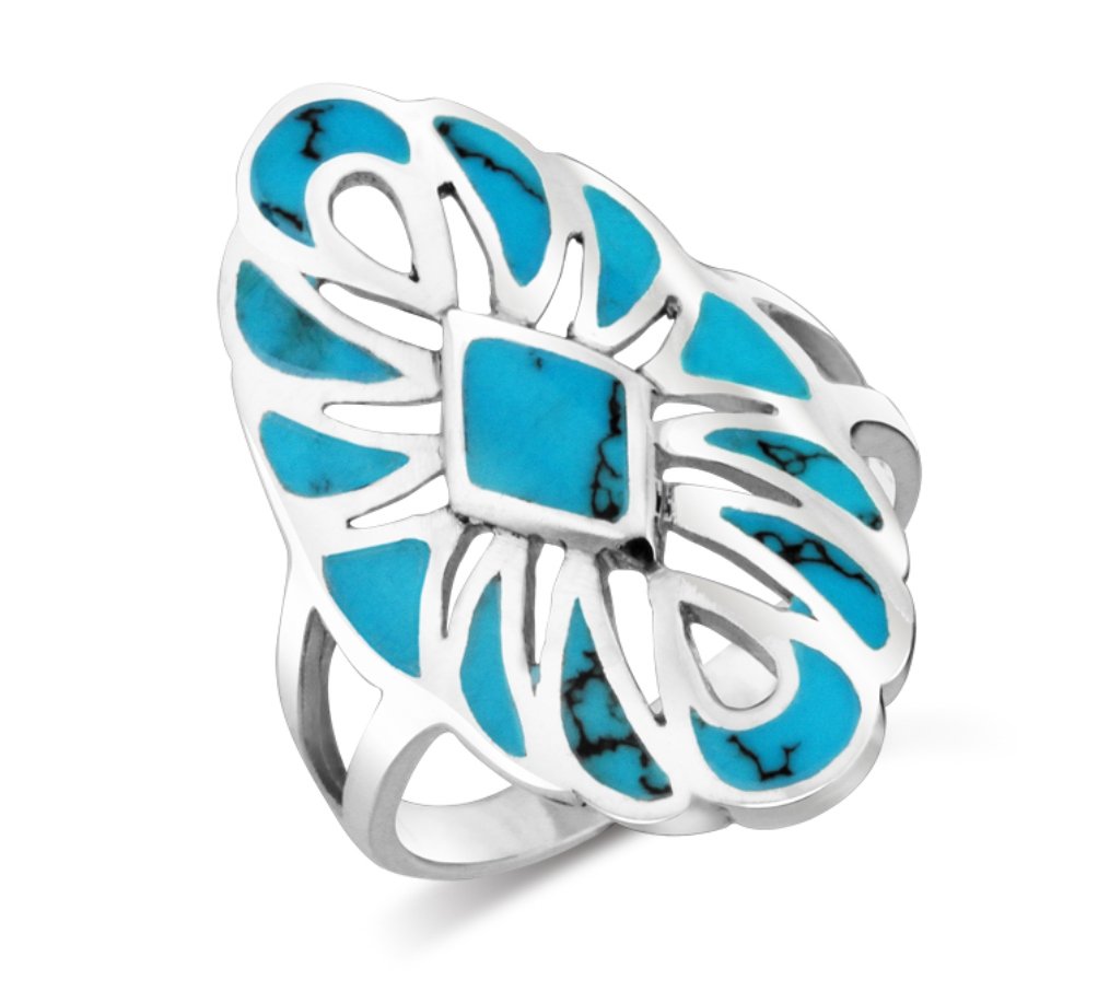 MIMI Sterling Silver Large Southwestern Native American Style Simulated Turquoise Ring (7.5)