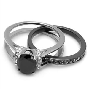 Marimor Jewelry 2.12 Carat Oval Cut Black Cubic Zirconia Two Toned Ion Plated Stainless Steel Wedding Ring Set Size 7