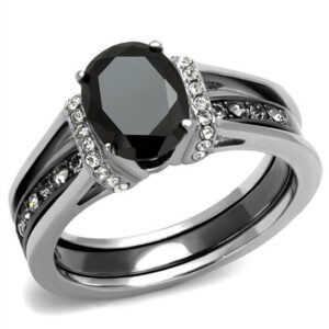 marimor jewelry 2.12 carat oval cut black cubic zirconia two toned ion plated stainless steel wedding ring set size 7