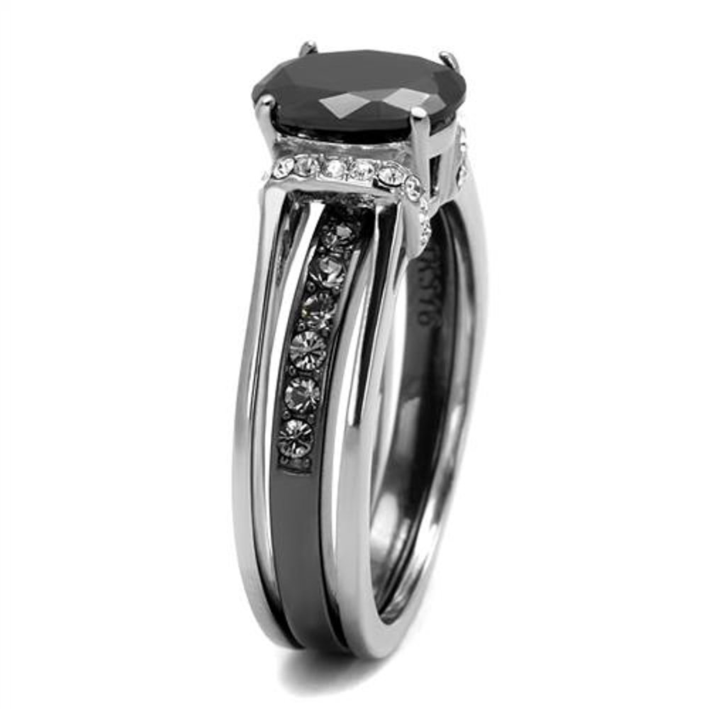 Marimor Jewelry 2.12 Carat Oval Cut Black Cubic Zirconia Two Toned Ion Plated Stainless Steel Wedding Ring Set Size 7