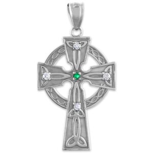 Sideways Crosses 925 Sterling Silver Celtic Trinity Diamond Cross Pendant Necklace with Emerald, 18"