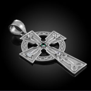 Sideways Crosses 925 Sterling Silver Celtic Trinity Diamond Cross Pendant Necklace with Emerald, 18"