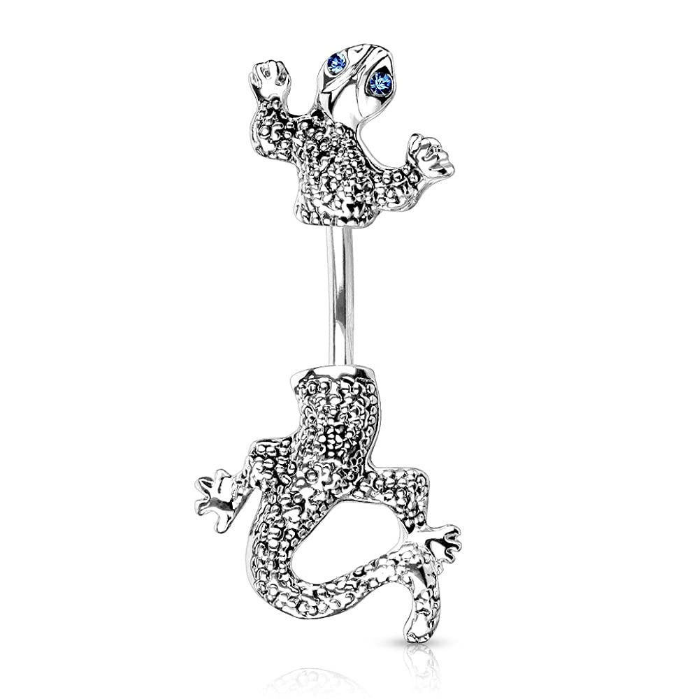 Pierced Owl 14GA 316L Surgical Steel Gemmed Lizard Chameleon Gecko In and Out Belly Button Ring (Blue)