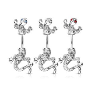 Pierced Owl 14GA 316L Surgical Steel Gemmed Lizard Chameleon Gecko In and Out Belly Button Ring (Blue)