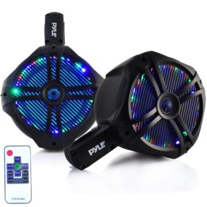 pyle waterproof marine wakeboard tower speakers - 6.5” dual subwoofer speaker set and 1.0” tweeters, led lights and 200 watt power - 2-way boat audio system with mounting bracket - plmrwb65leb (black)