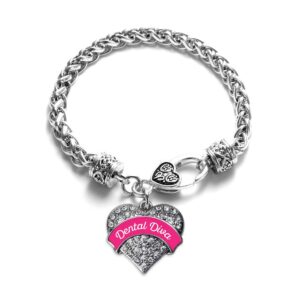 inspired silver - fuchsia dental diva braided bracelet for women - silver pave heart charm bracelet with cubic zirconia jewelry