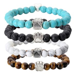 jovivi 4pc vintage lava/turquoise/tiger eye stone healing power crystal dog paw charm elastic stretch beaded bracelets