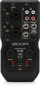 zoom u-24 handy audio interface, 2-channel portable usb audio interface, 2 xlr/trs combo inputs, midi i/o, rca outputs