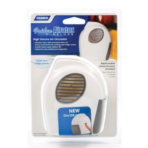 Camco Camper/RV Fridge Deodorizer & Airator | Deodorizer/Fan Helps Circulate Air in Refrigerator | Features Charcoal Odor Absorber & On/Off Switch | Great for Mini Fridge, Small Fridge & More (44124)