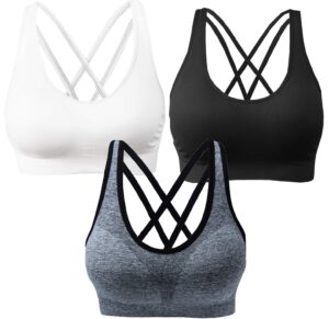 akamc women's medium support cross back wirefree removable cups yoga sport bras, pack of 3, black/white/grey,large