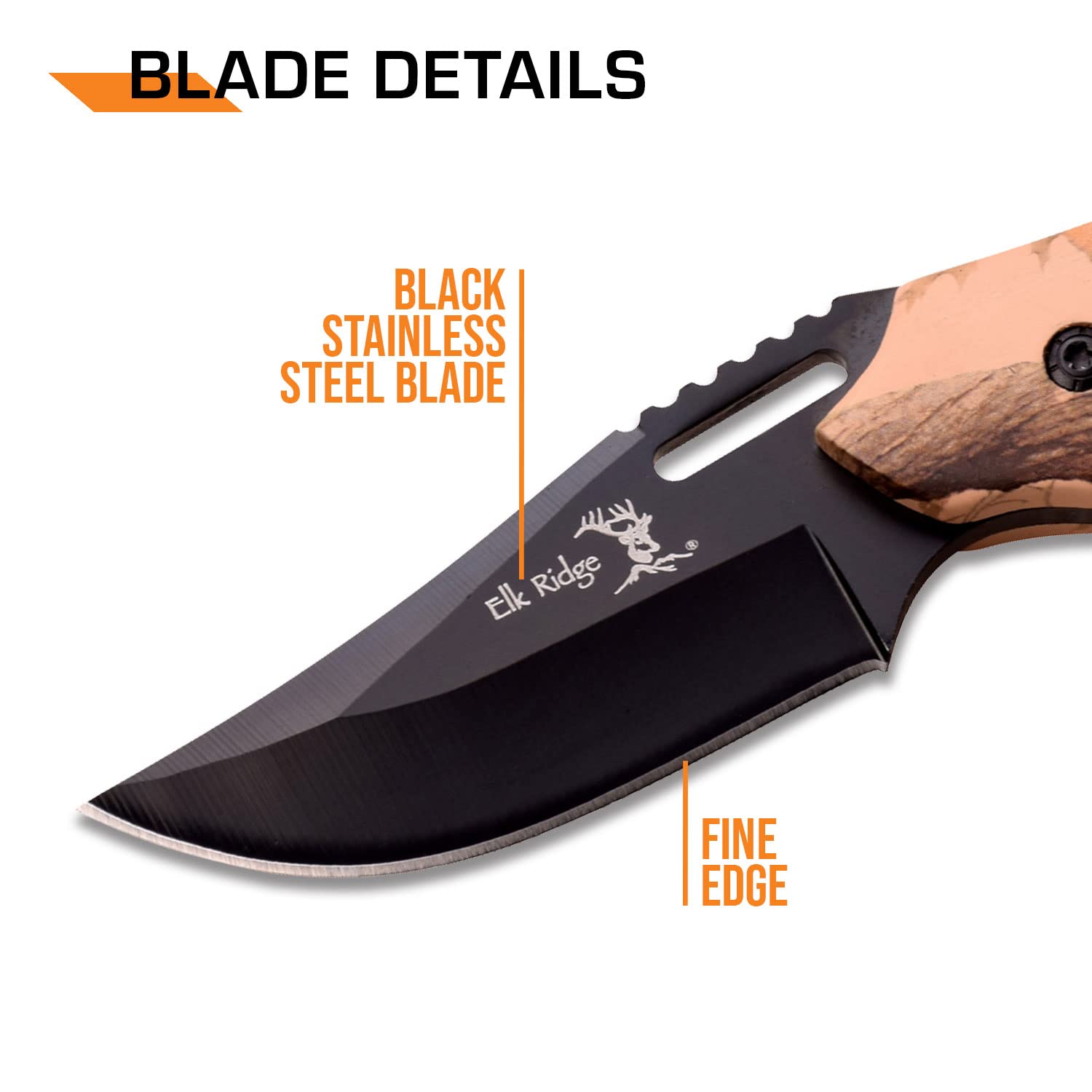 Elk Ridge - Outdoors Fixed Blade Knife - 6-in Overall, 3-in Black Stainless Steel Blade, Camo Coated Wood Handle, 1680D Nylon Sheath - Hunting, Camping, Survival - ER-562BC