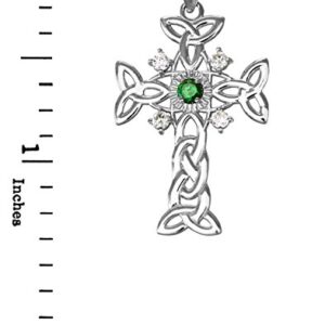 Silver Trinity Knot Diamond Celtic Cross Pendant Necklace with Genuine Emerald, 22"