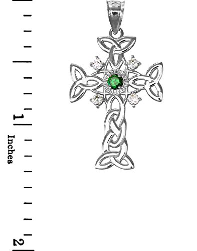 Silver Trinity Knot Diamond Celtic Cross Pendant Necklace with Genuine Emerald, 22"