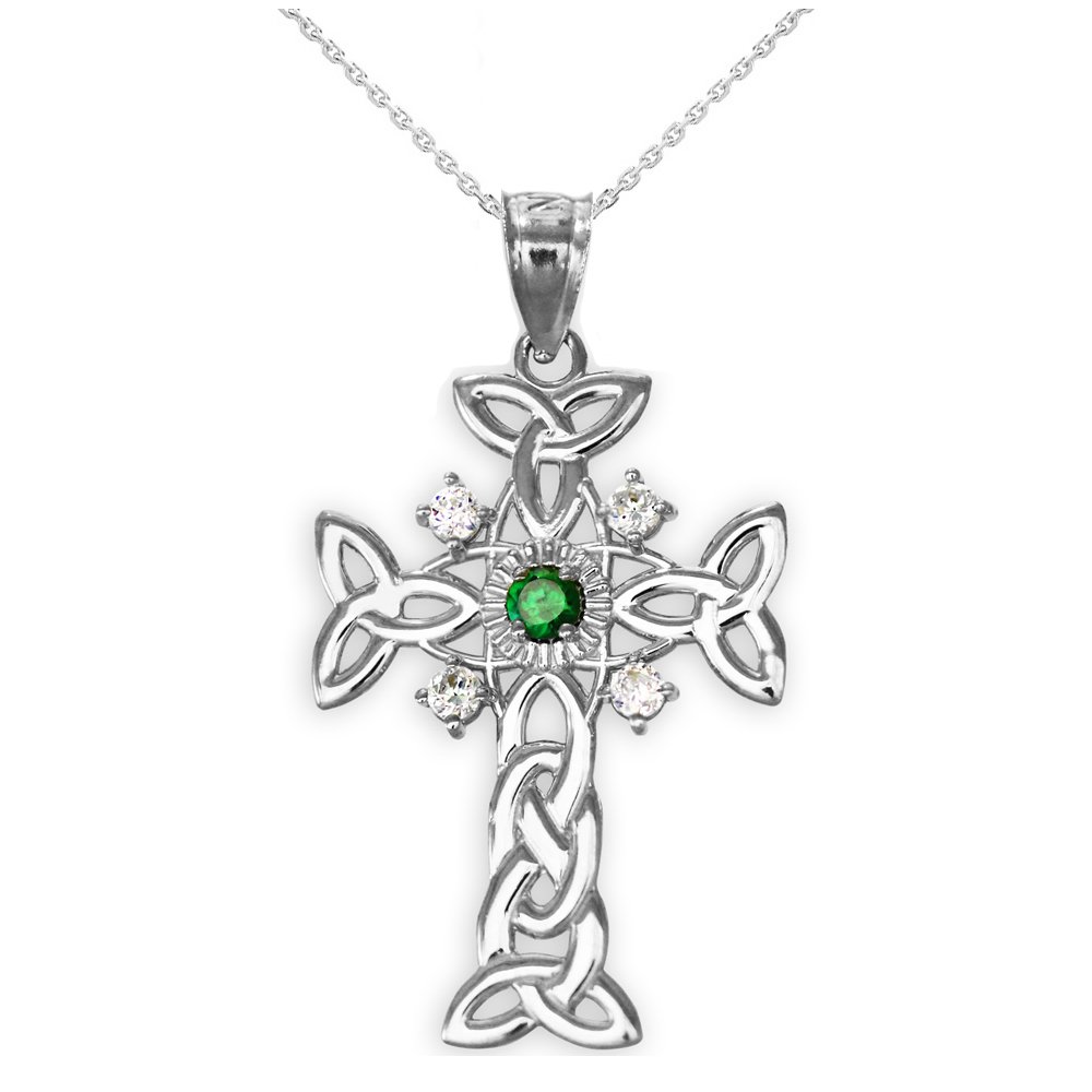 Silver Trinity Knot Diamond Celtic Cross Pendant Necklace with Genuine Emerald, 22"