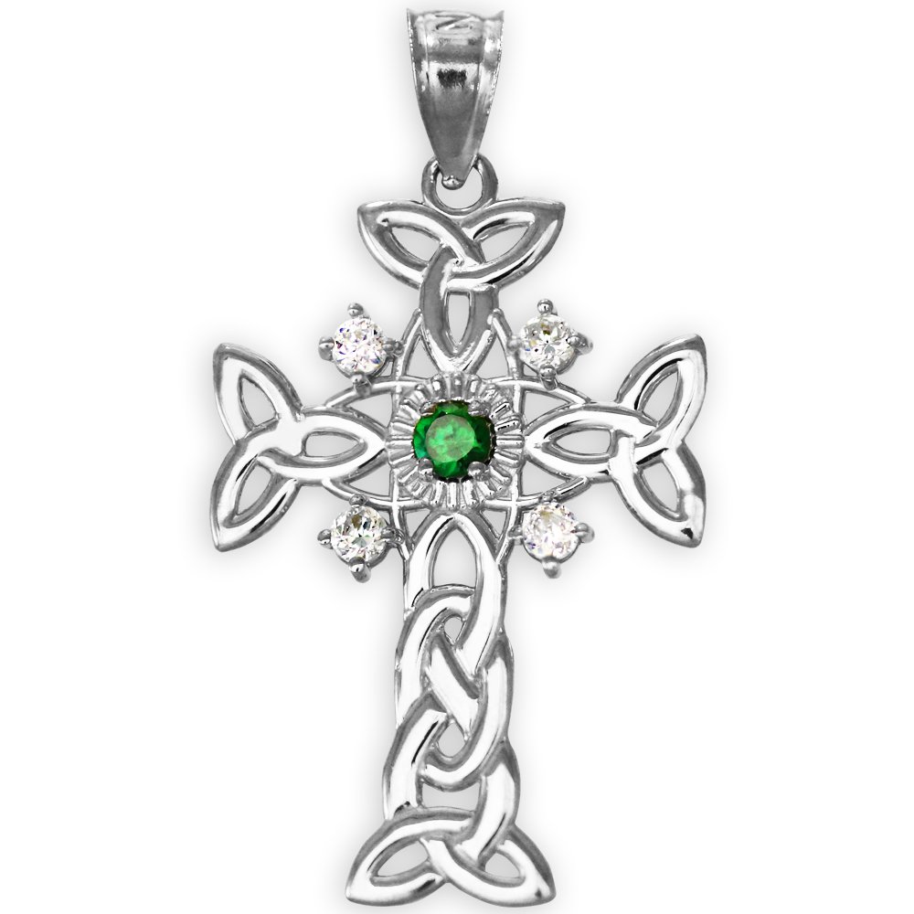 Silver Trinity Knot Diamond Celtic Cross Pendant Necklace with Genuine Emerald, 22"