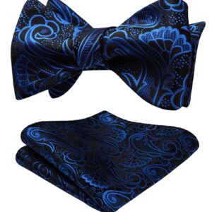 HISDERN Bow Ties for Men Black Blue Paisley Bowties Men Self Tie Bow Tie and Pocket Square Set Classic Woven Bowtie Handkerchief for Wedding Party